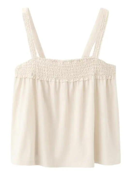 Mango Terry Cotton Smocked Square Neck Sleeveless Top - Ecru