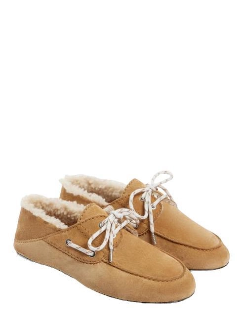 Sandro Shearling Lined Suede Boat Shoes - Camel