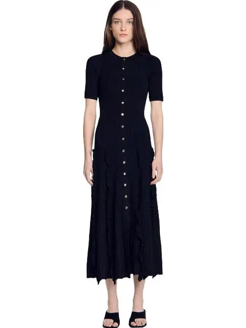 Sandro Knit Maxi Dress With Ruffles - Black