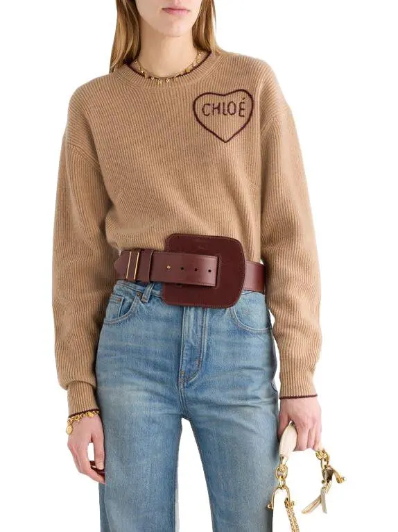 Chloé Embroidered Logo Heart Wool & Cashmere Sweater - Bleached Brown
