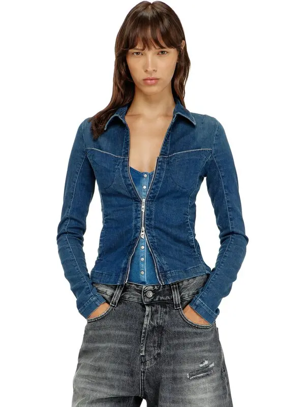DIESEL® Full-zip Denim Shirt With Embroidered Eyelets - Blue