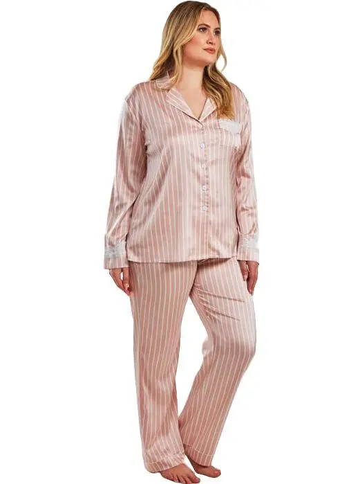ICOLLECTION Stretch Satin Button-down Pant Set With Lace Trim - Pink