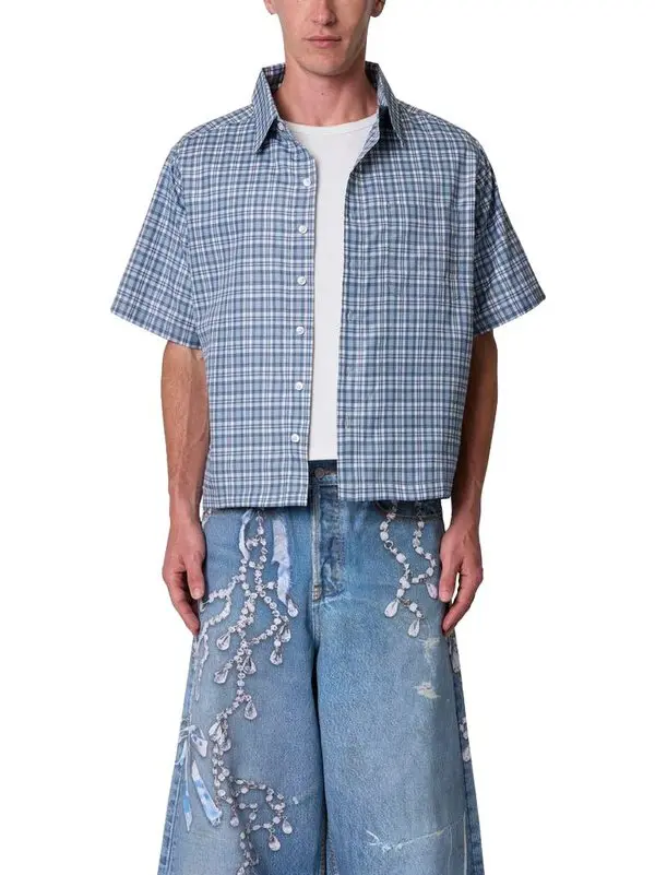 Mnml Plaid Poplin Cropped Short Sleeve Shirt - Blue