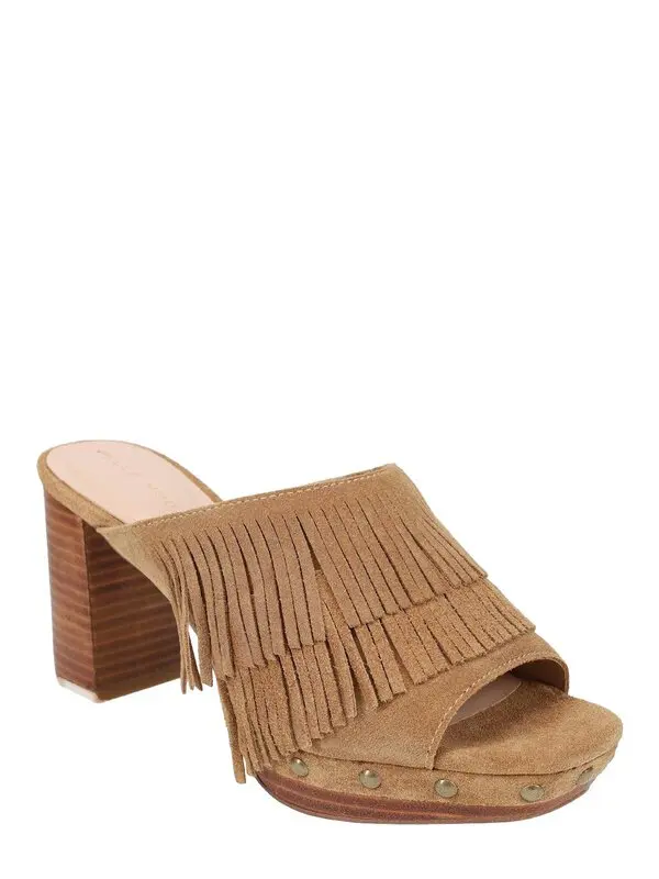 Pelle Moda Fringe Studded Block Heel Sandal - Caramel