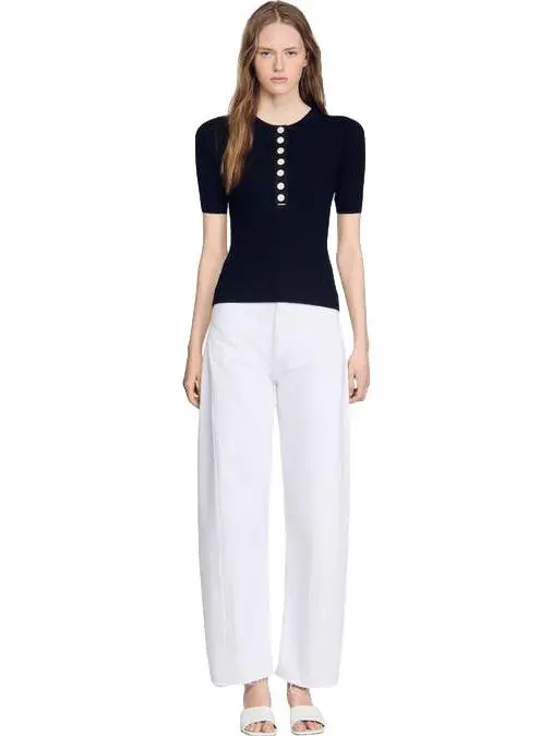 Sandro Ribbed Knit Sweater With Button Placket - Black