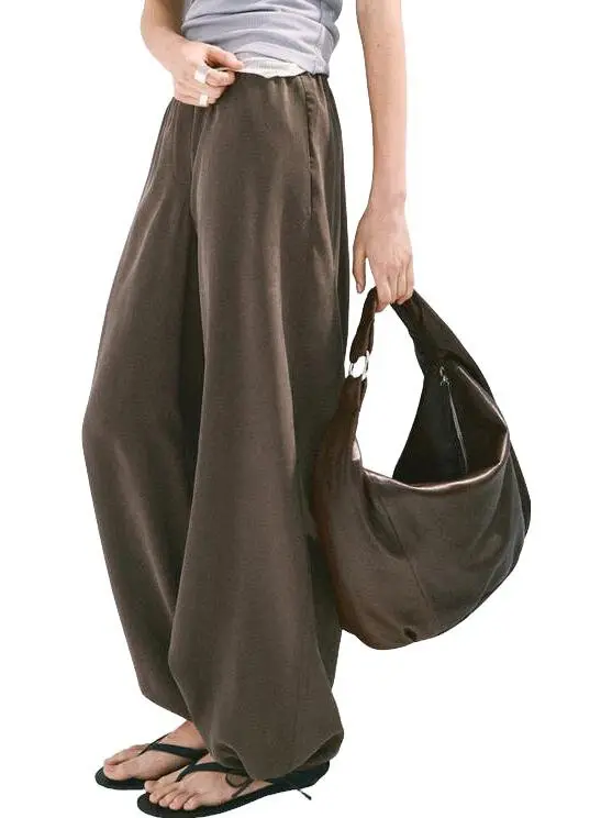 Mango Elastic Waist Baggy Wide Leg Pants - Chocolate