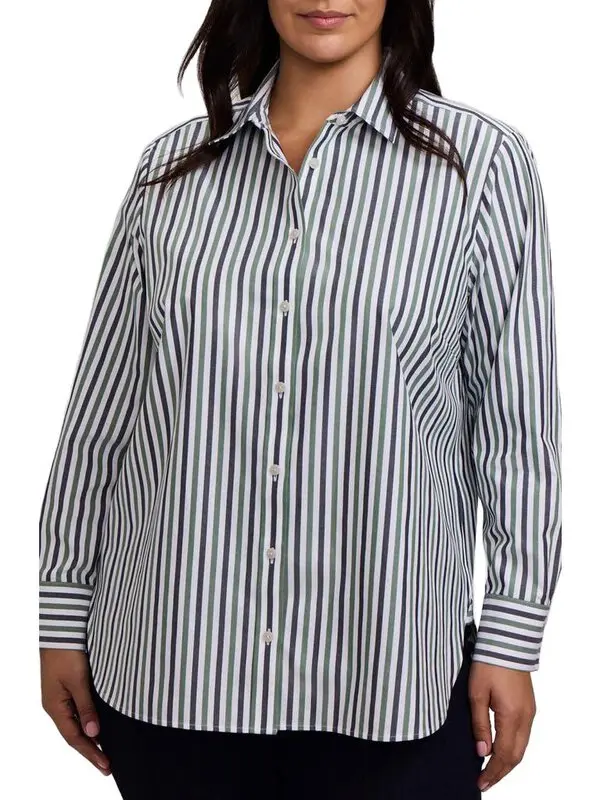 Foxcroft Meghan Striped Cotton Button-up Shirt - Olive Green/multi