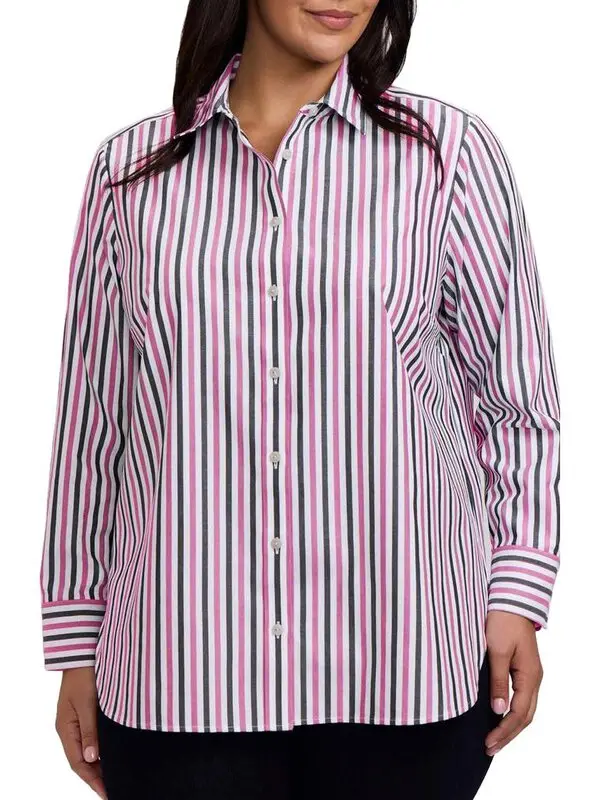 Foxcroft Meghan Striped Cotton Button-up Shirt - Pomegranate Red/multi