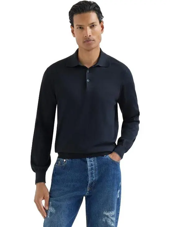 Brunello Cucinelli Cotton Lightweight Knit Polo Shirt - Navy Blue