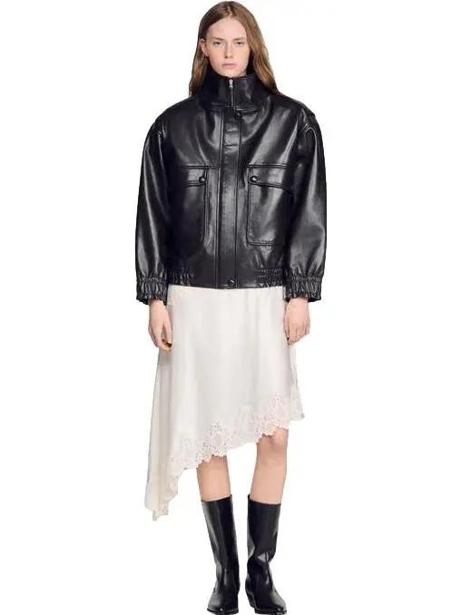 Sandro Standing Collar Leather Jacket - Black Brown