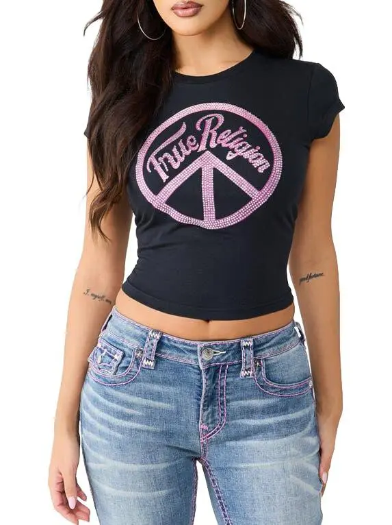 True Religion Crystal Embellished Graphic Stretch Cotton Baby Tee - Jet Black