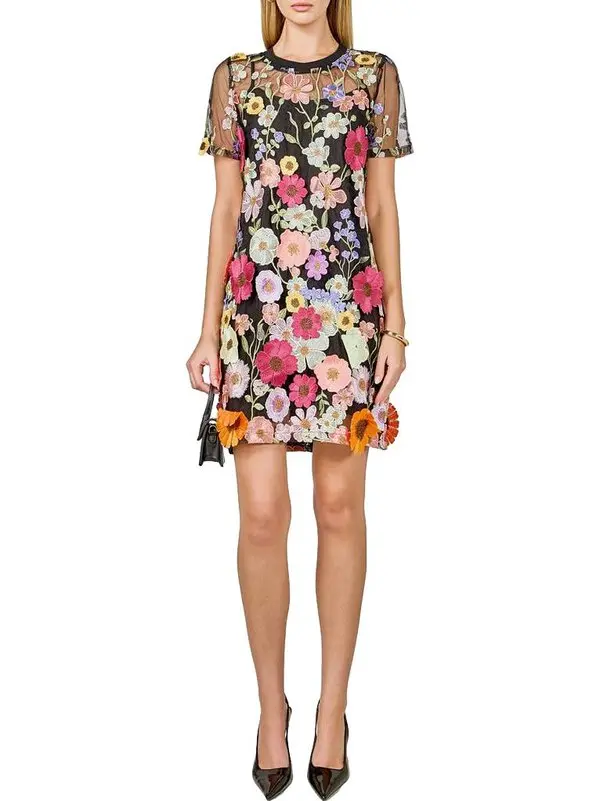 Endless Rose Floral Appliqué Short Sleeve Shift Dress - Black