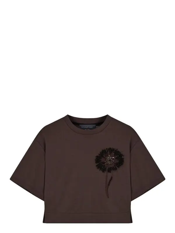 EXQUISE Brynn T-shirt With Floral Embellishment - Brown