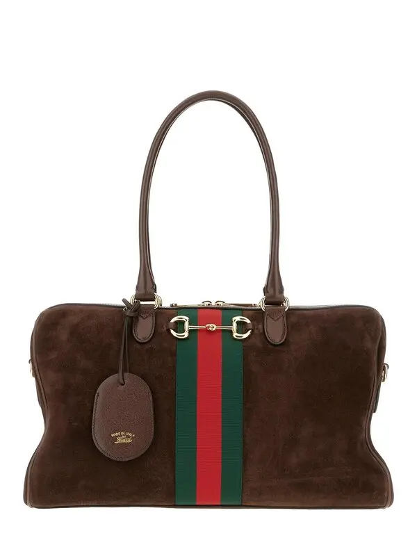 Gucci Suede Shopper Bag With Green And Red Stripes - Multicolor