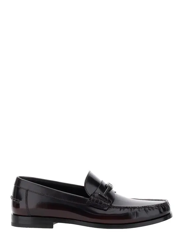 FERRAGAMO Dark Burgundy Leather Loafers With Logo Plaque Detail - Multicolor