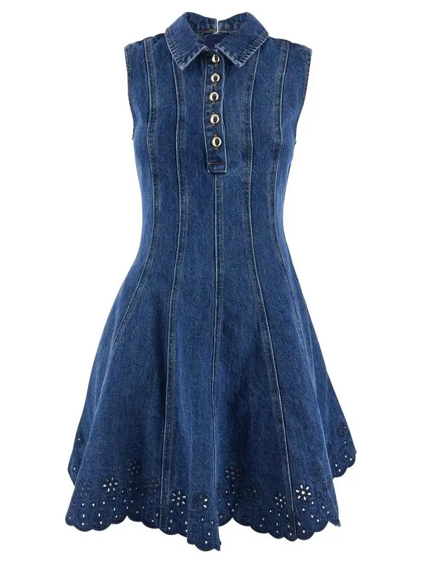 SELF-PORTRAIT Denim Mini Dress With Classic Collar And Jewel Buttons - Multicolor