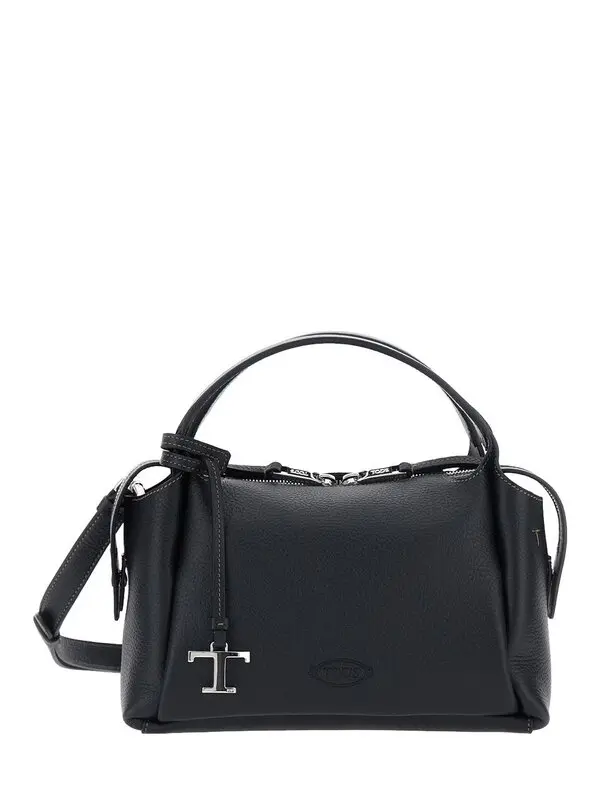 TOD'S Leather Shoulder Bag With T Plaque - Black