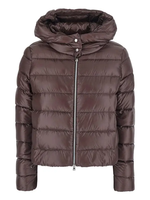 Herno Short Down Jacket With Hood And Metal Plate - Brown