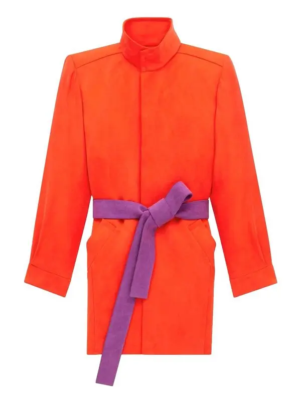 Saint Laurent Belted Coat In Stonewash Silk Satin Coral - Red
