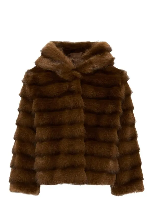 Monnalisa Hooded Faux Fur Jacket With Horizontal Stripes - Brown