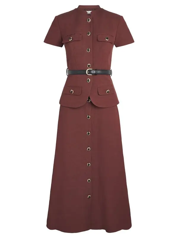 SELF-PORTRAIT Peplum-waist Midi Shirt Dress - Brown