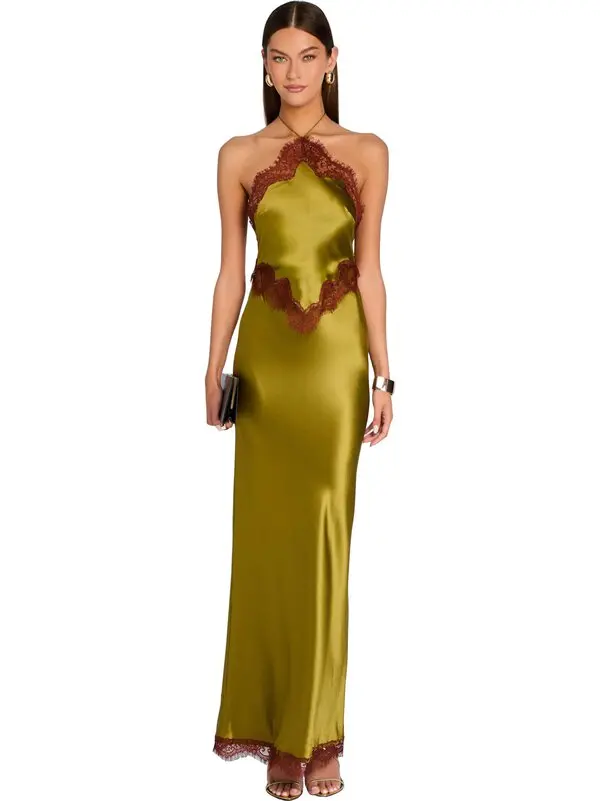 Retrofete Everly Lace Trim Halterneck Maxi Dress - Basil/cigar