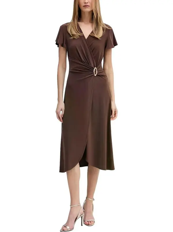 Joseph Ribkoff Midi Wrap Dress With Gold-tone Buckle Detail - Brown