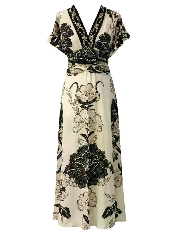 PAHIESA FORMENTERA Floral-print V-neck Maxi Dress - Neutrals