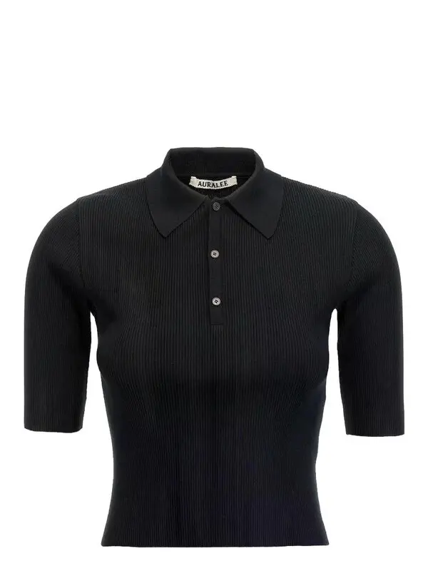 Auralee Ribbed-knit Polo Shirt - Black