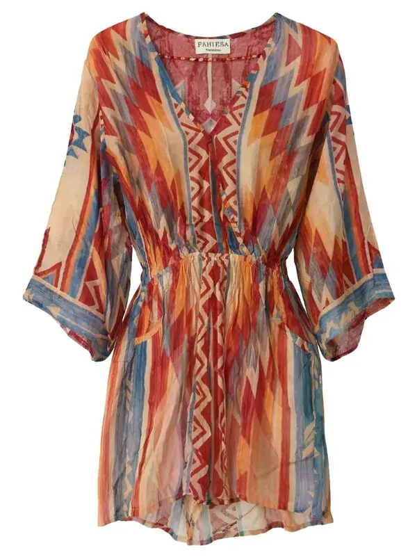 PAHIESA FORMENTERA Geometric Print V-neck Mini Dress - Red