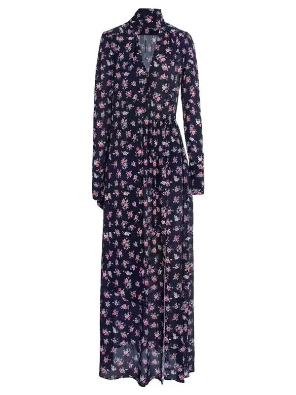 CUANNA Floral Print Tie Neck Maxi Dress - Blue