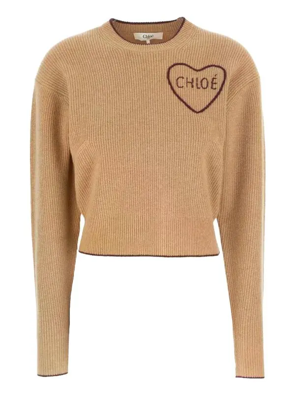 Chloé Ribbed Knit Embroidered Heart Sweater - Brown