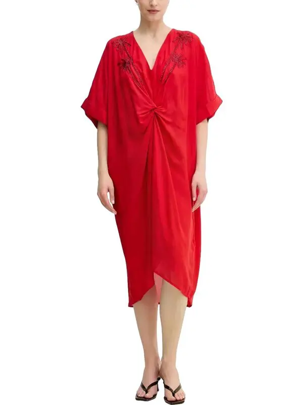 LOLA CASADEMUNT Bead-embellished Twist-detail Midi Dress - Red