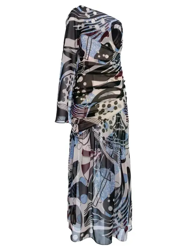 CUANNA One-shoulder Abstract Print Ruched Maxi Dress - Neutrals