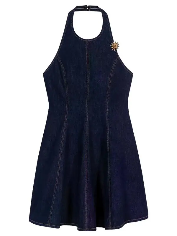 Maje Halterneck Mini Dress With Floral Brooch - Blue