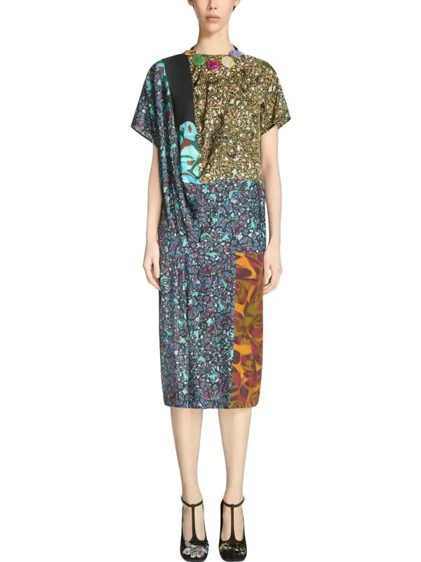 Dries Van Noten Draped Viscose Dress With Marbled Clay Print Panels - Blue
