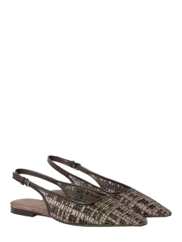Brunello Cucinelli Precious Check Embroidery Slingback Flats In Suede - Brown