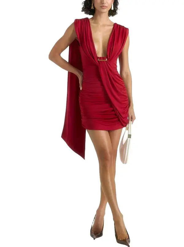 Manière De Voir Mirena In Ruched Open-back Mini Dress With Scarf - Red