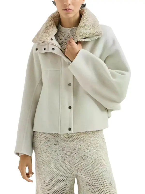 Brunello Cucinelli Virgin Wool & Cashmere Double Cloth Jacket With Detachable Shearling Collar - Neutrals