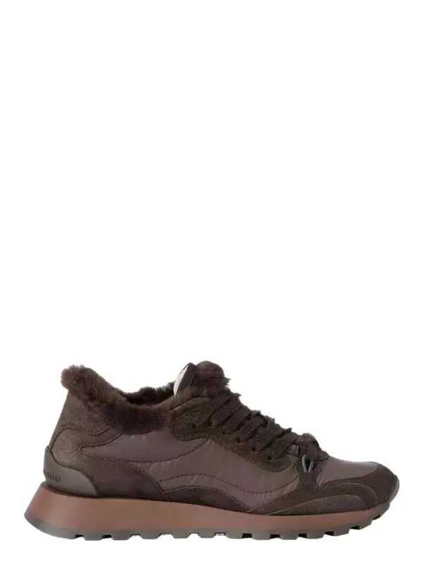 Brunello Cucinelli Suede And Techno-fabric Runners With Shearling Lining And Monili - Brown