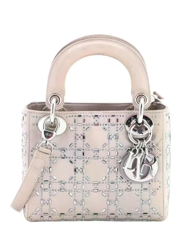 Dior Lady Bag Crystal Embellished Cannage Quilt Satin Mini Satchel - Neutrals