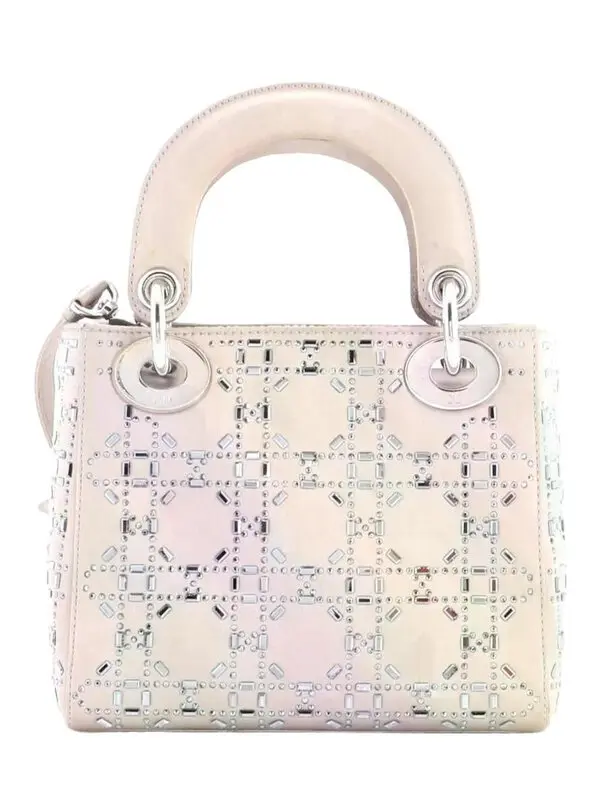 Dior Lady Bag Crystal Embellished Cannage Quilt Satin Mini Satchel - Neutrals