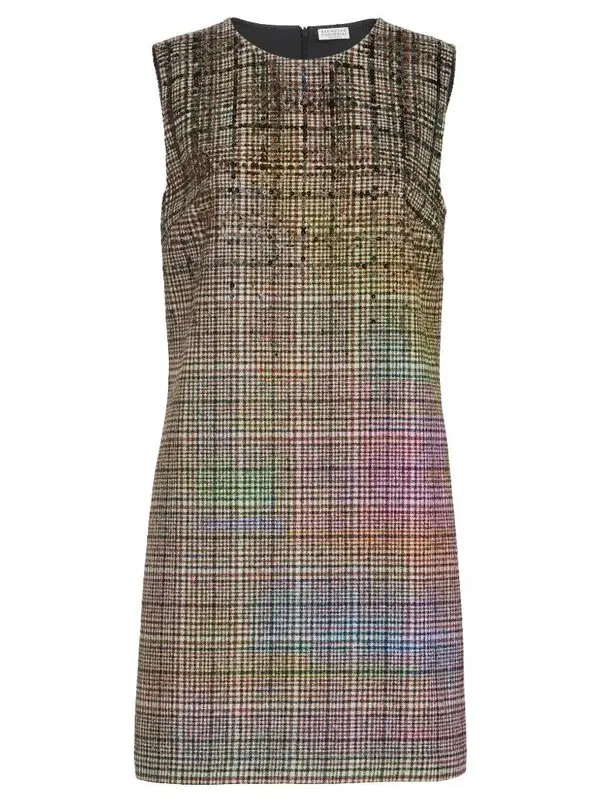 Brunello Cucinelli Checked Alpaca And Wool Mini Dress With Embroidered Detail - Neutrals
