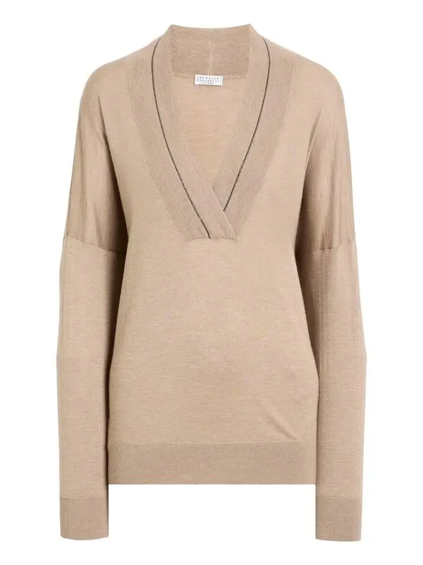 Brunello Cucinelli Beadembellished Cashmere And Silkblend Sweater - Beige