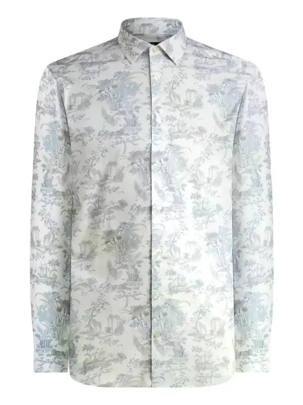 Etro Stretch-cotton Button-down Shirt With Flower And Animal-motif - White
