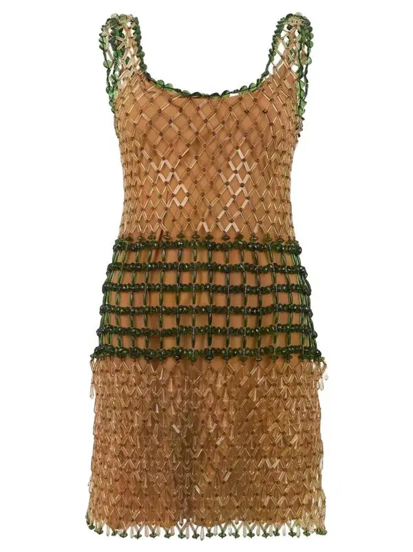 Alberta Ferretti Bead-embellished Fringed Mini Dress - Brown