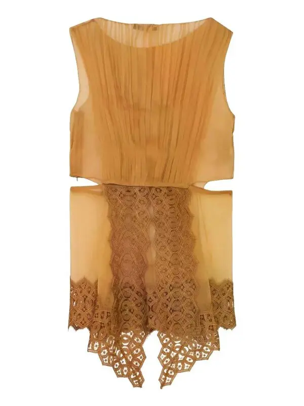 Alberta Ferretti Sleeveless Pleated Blouse With Lace Hem - Neutrals