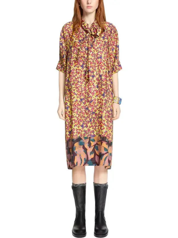 Dries Van Noten Viscose Shirt Dress With Neck Scarf Detail - Yellow