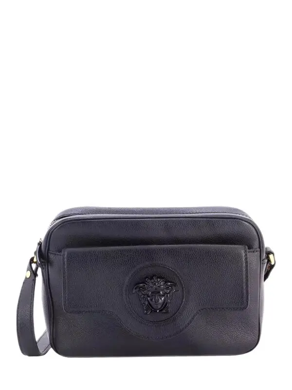 Versace La Medusa Flap Pocket Camera Bag Leather Small Crossbody Bag - Black