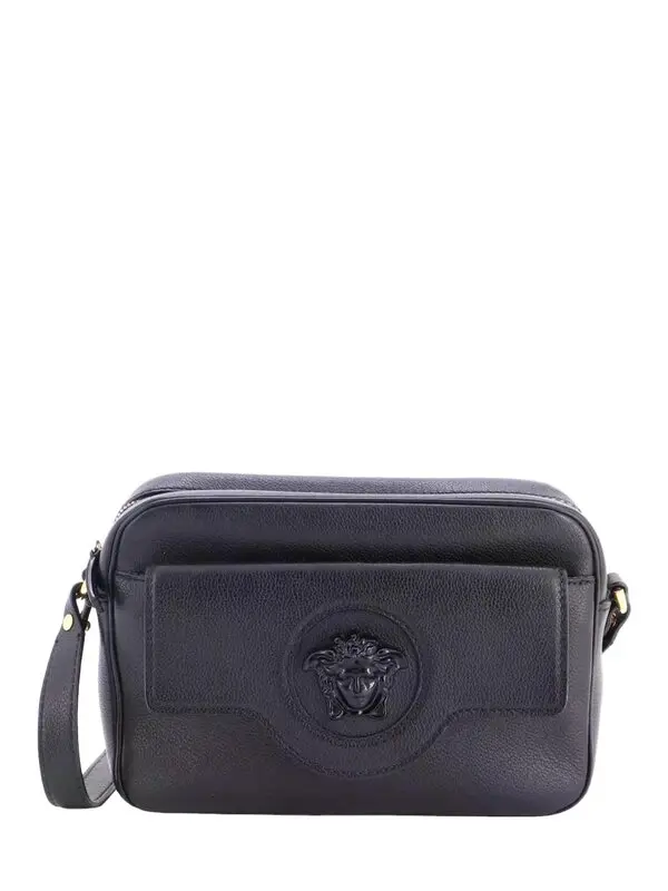 Versace La Medusa Flap Pocket Camera Bag Leather Small Crossbody Bag - Black